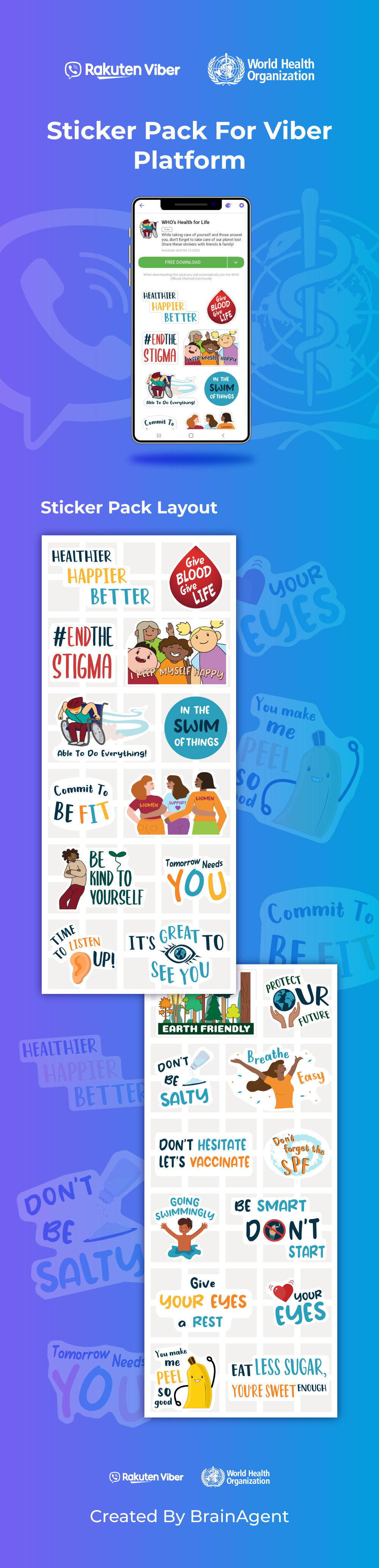 Viber Sticker Pack Design - WHO Health for Life Sticker pack graphic design